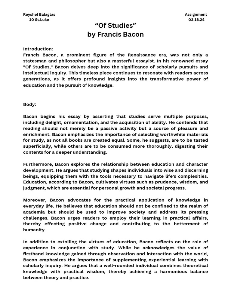 Of Studies by Francis Bacon | PDF | Francis Bacon | Knowledge