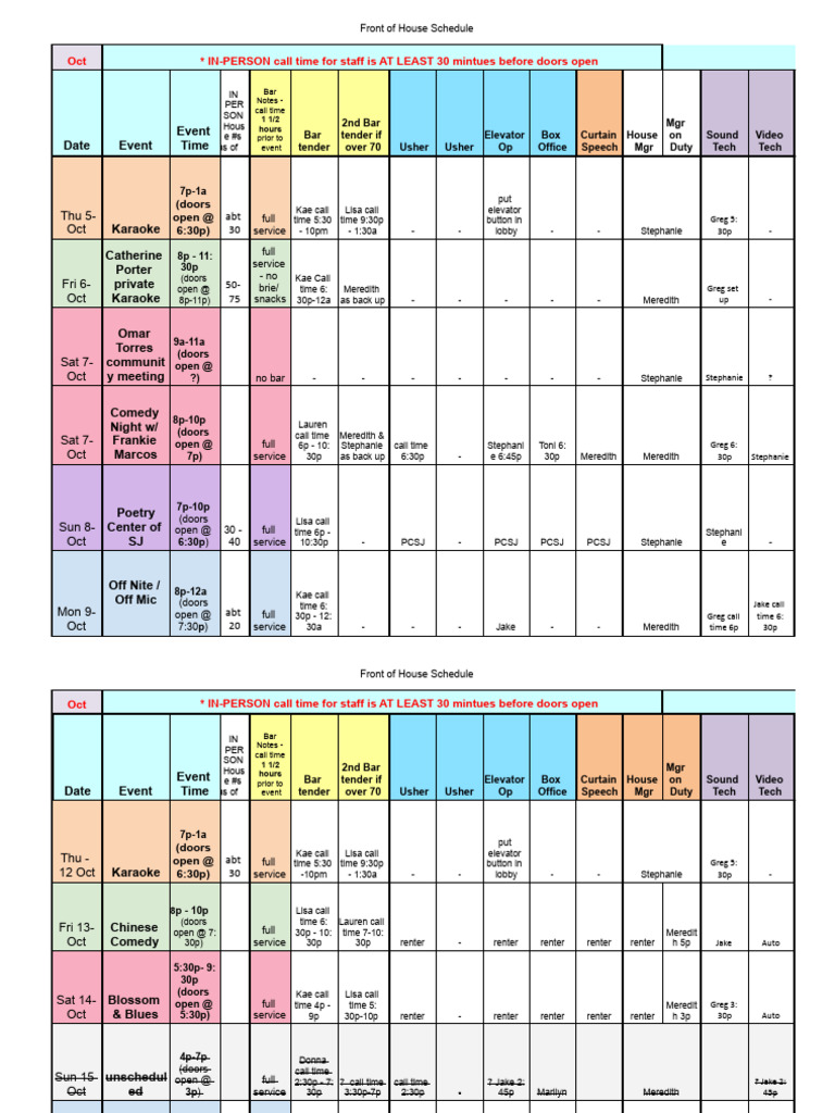Oct FOH Schedule - Sheet1 | PDF