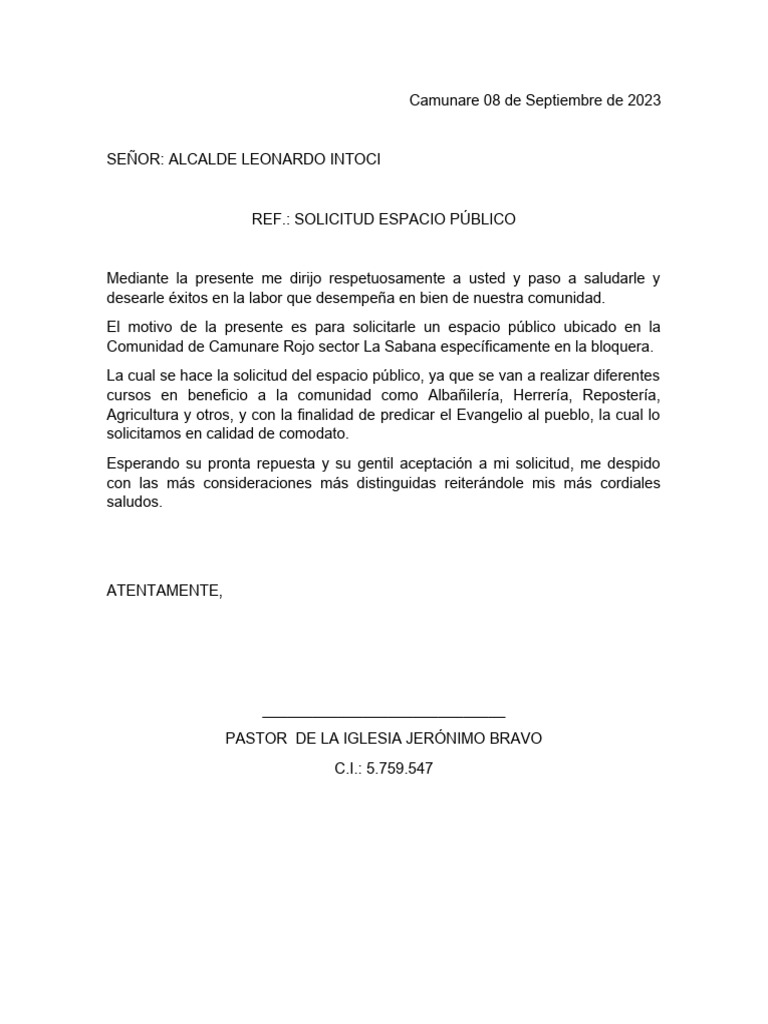 Carta de Solicitud de Espacio Publico | PDF
