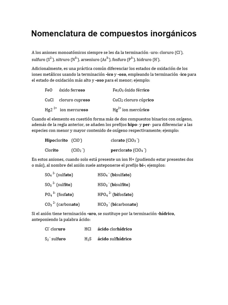 Nomenclatura de Compuestos Inorgánicos | PDF | Ácido | Cloruro