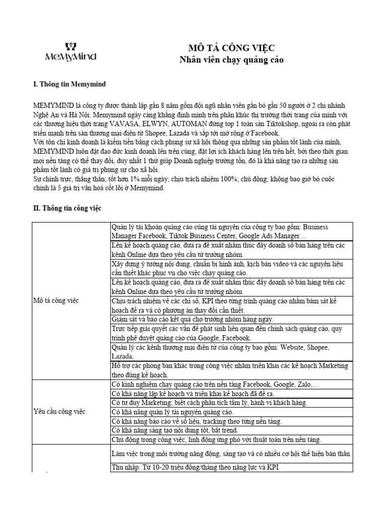 MTCV Nhân Viên Ads | PDF