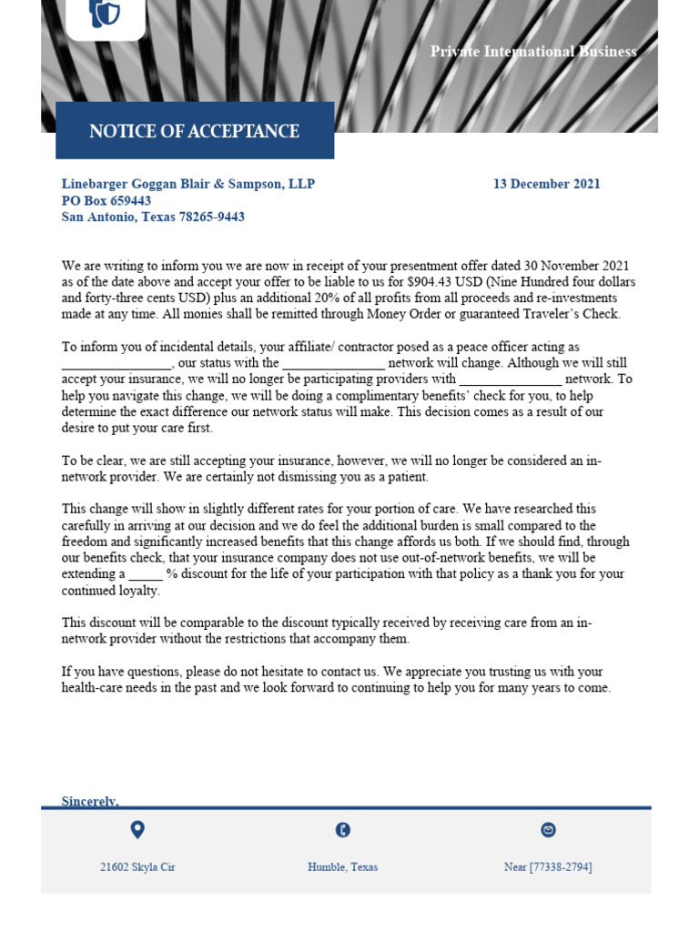 Notice of Acceptance | PDF | Finance & Money Management | Law
