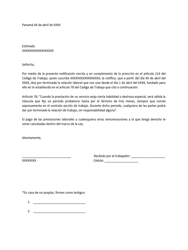 Modelo Carta de Despido Articulo 78 Del Codigo de Trabajo | PDF
