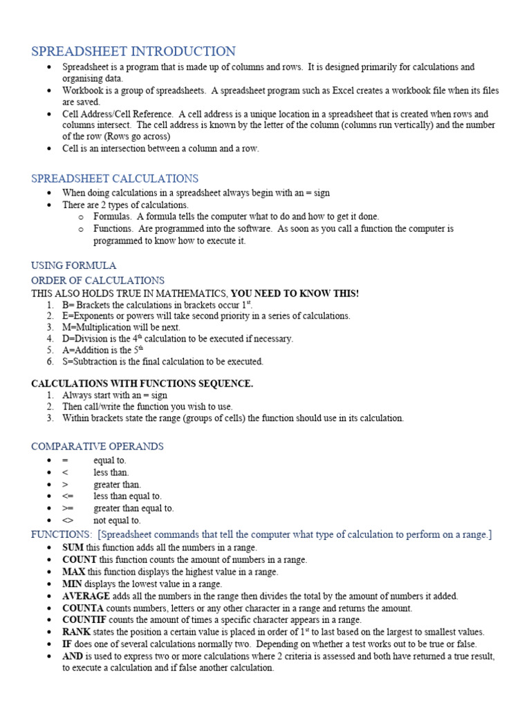Spreadsheet Introduction Notes For Grade 10 | PDF | Spreadsheet | Computing