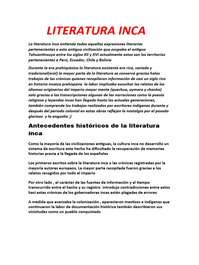LITERATURA INCA | PDF | Imperio Inca