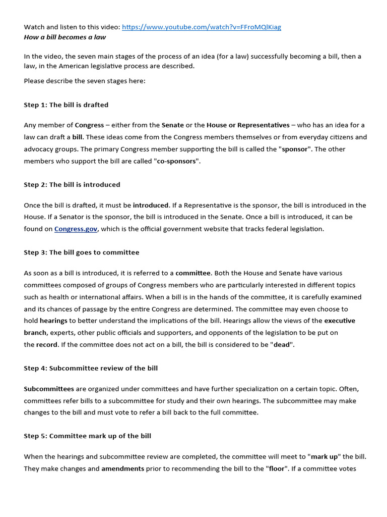 How A Bill Becomes A Law Exercise | PDF | Bill (Law) | Committee