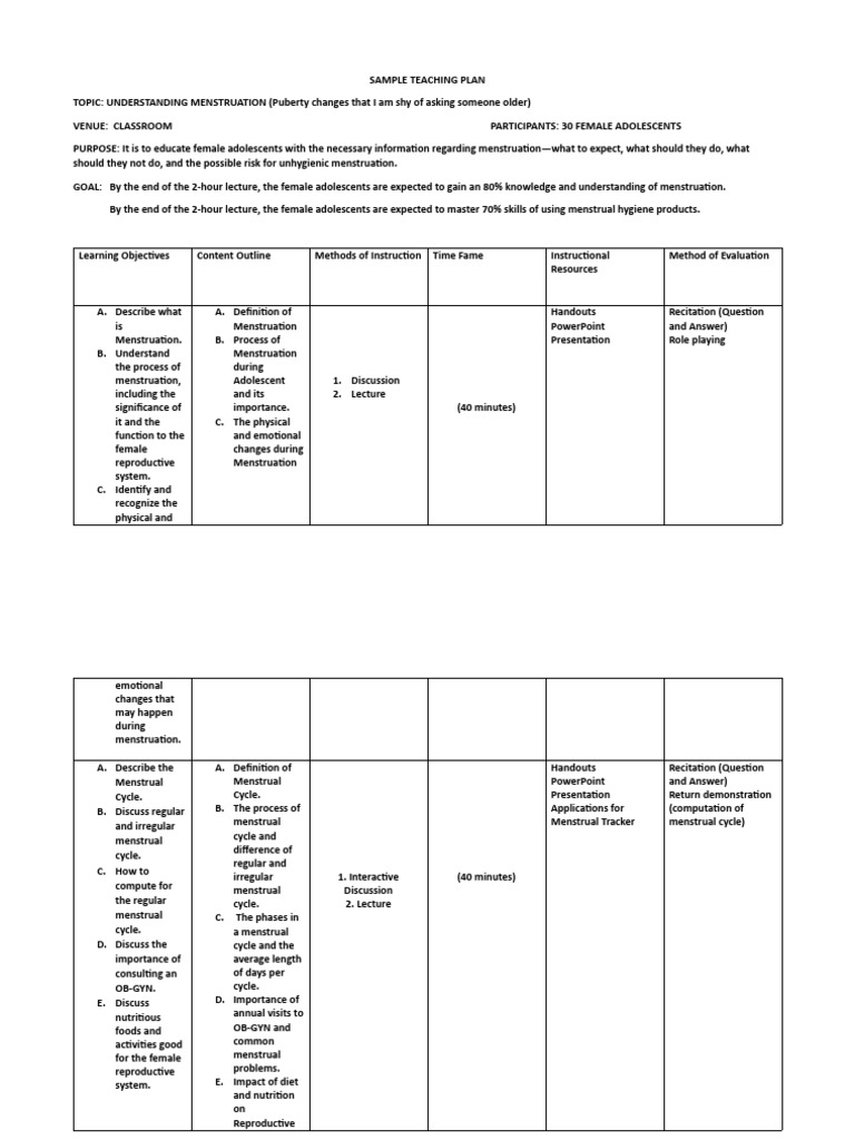 SAMPLE-TEACHING-PLAN | PDF | Menstruation | Lecture