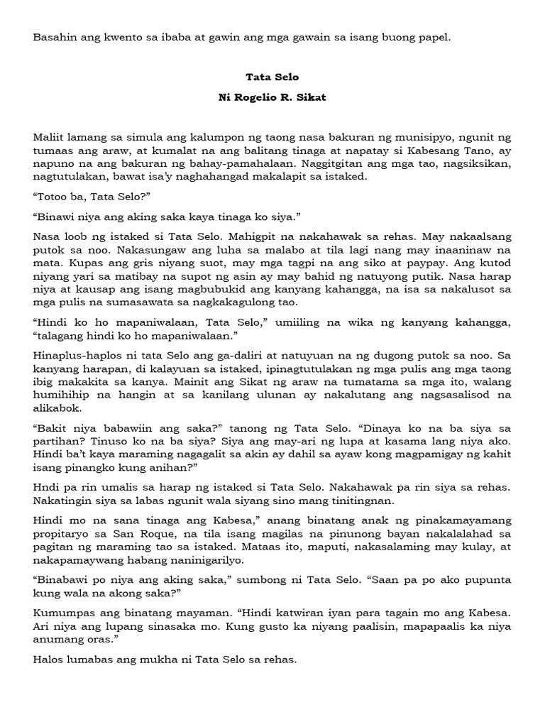 Tata Selo Ni Rogelio R. Sikat | PDF