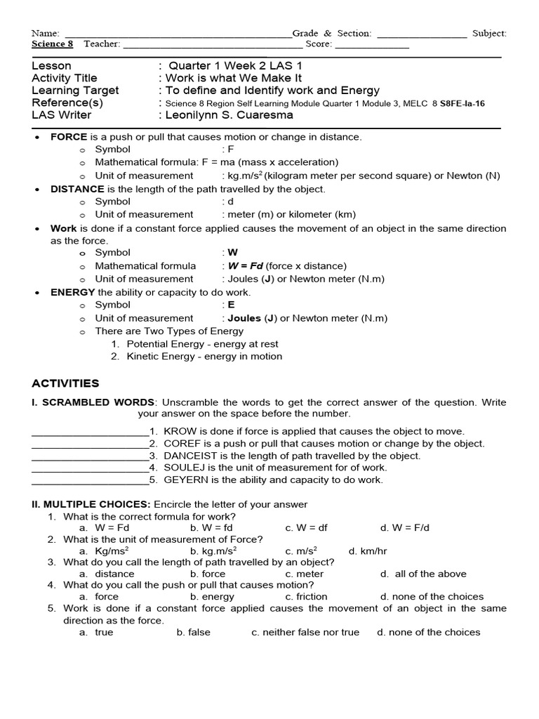 G8 SCIENCE Q1 Week 2 LAS 1 | PDF | Force | Nature