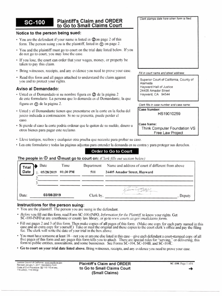 Aaron Jacob Greenspan and Eric Steven Teasley Sue The Free Law Project ...