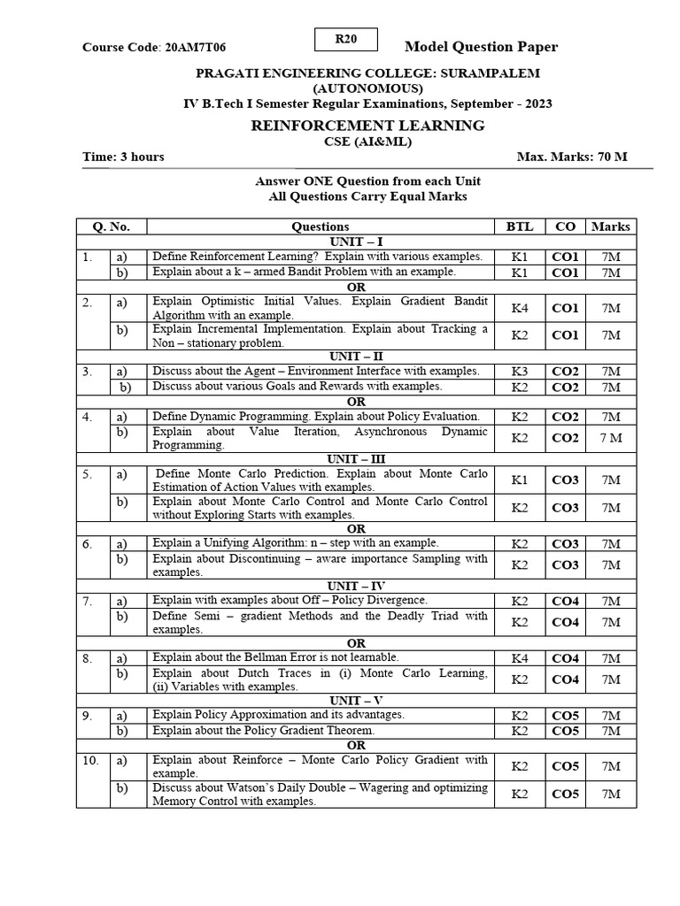 RL Model Question Paper | PDF | Algorithms And Data Structures | Applied Mathematics