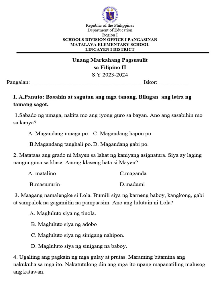 1st Quarter Exam Filipino | PDF