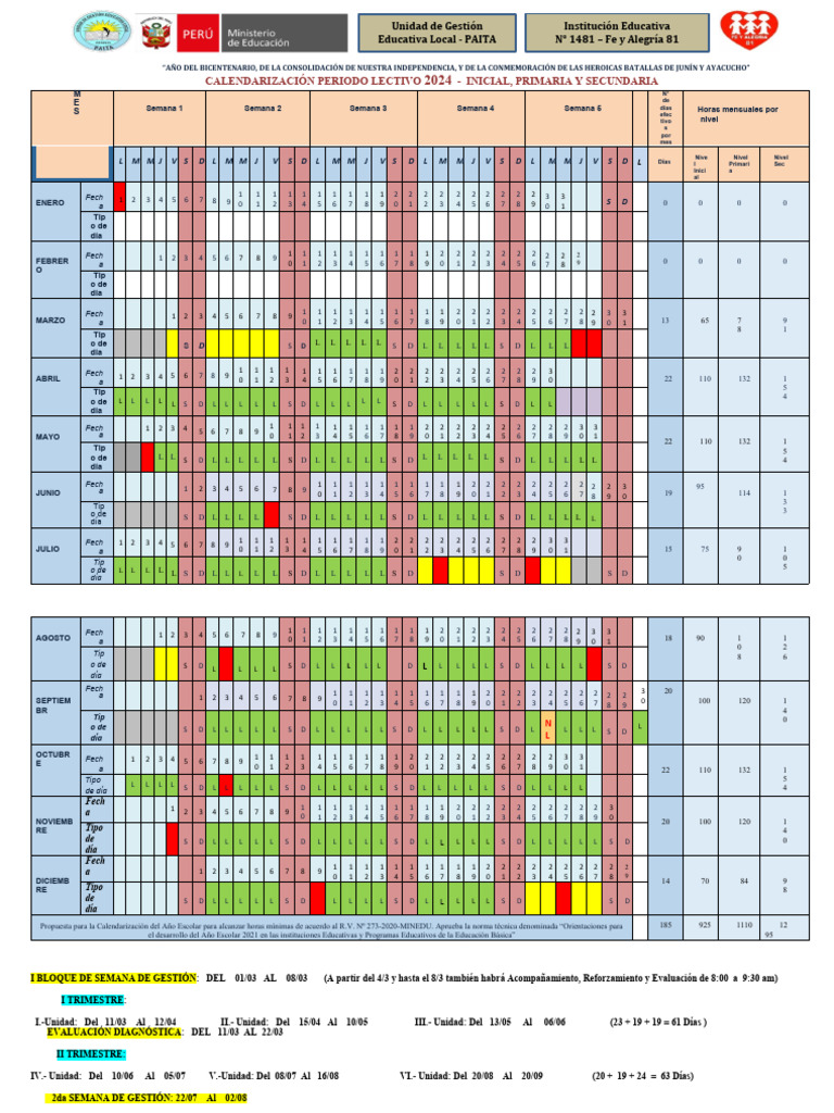 Calendarización Del Año Escolar 2024 Fe y Aalegria 81 | PDF