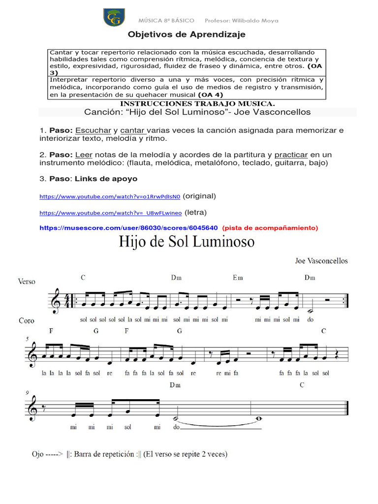 Instrucciones Música 8º: "Hijo del Sol Luminoso" | PDF | Melodía | Ritmo