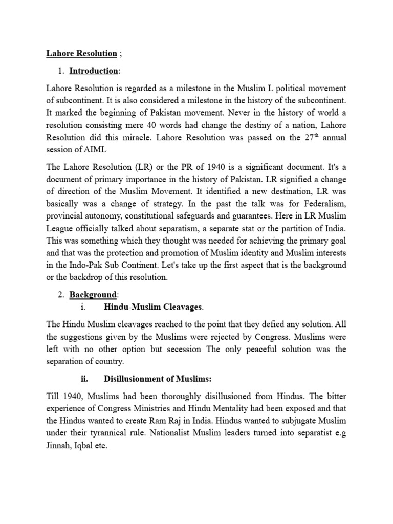 Lahore Resolution | PDF | Partition Of India | All India Muslim League