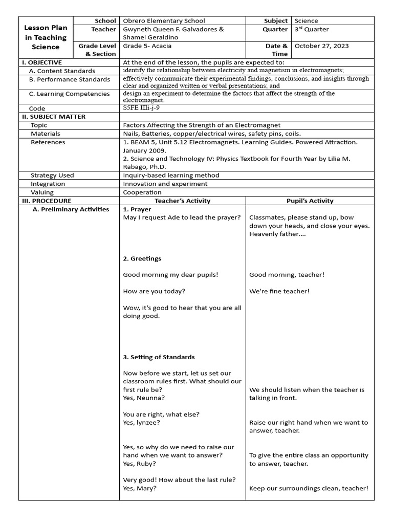 4a's DETAILED LESSON PLAN IN SCIENCE 5, 3RD QUARTER | PDF | Electromagnetism | Magnetism