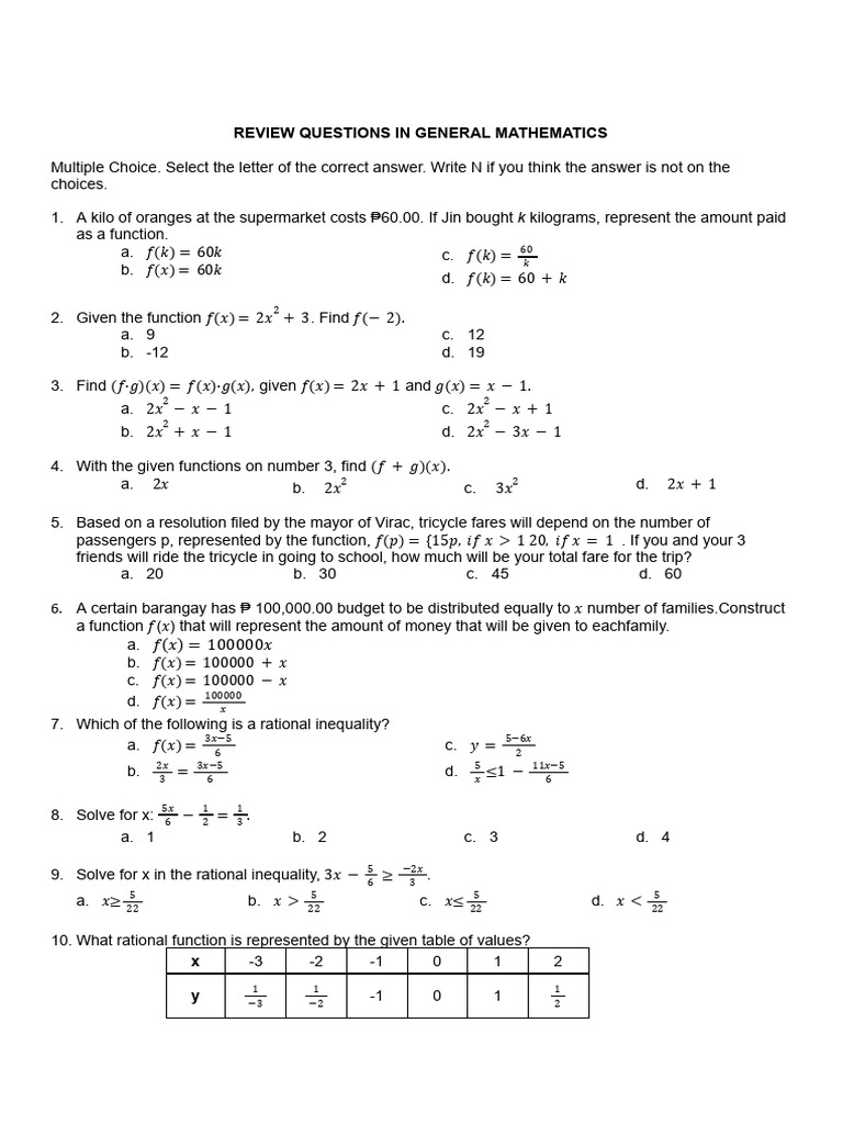 General Mathematics Review Questions 1 | Download Free PDF | Inequality ...