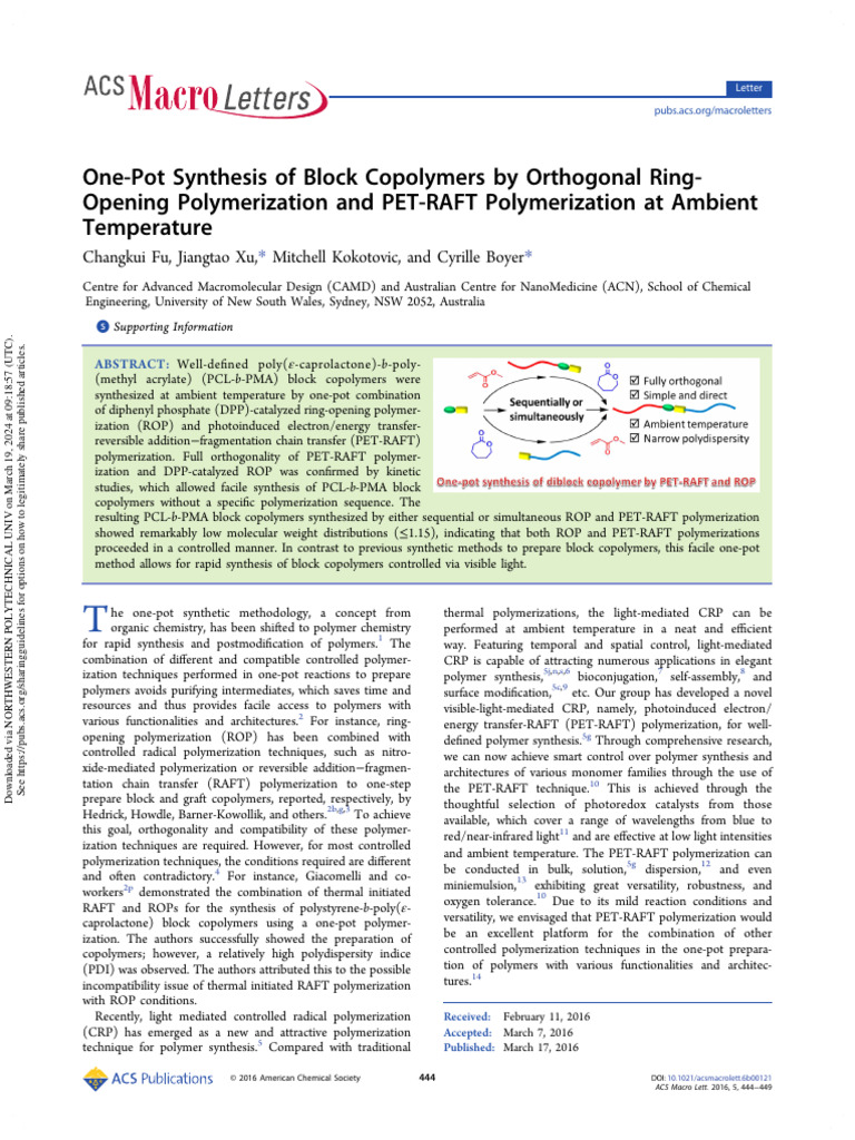 Fu Et Al 2016 One Pot Synthesis Of Block Copolymers By Orthogonal Ring