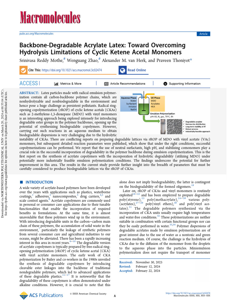 Mothe Et Al 2024 Backbone Degradable Acrylate Latex Toward Overcoming Hydrolysis Limitations of ...
