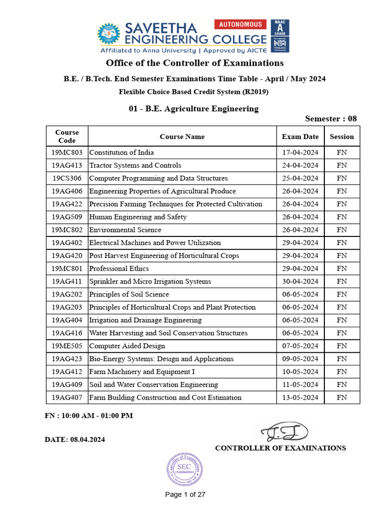 APR 2024 End Sem TT of UG IV Year & Passed Out (R2019) | PDF | Engineering | Chemical Engineering