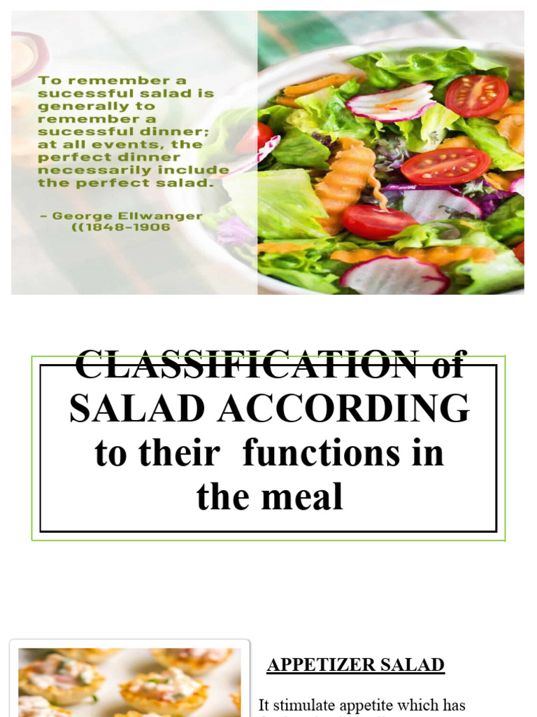 CLASSIFICATION of SALAD ACCORDING To Function To MEAL | PDF | Salad ... CLASSIFICATION of SALAD ACCORDING To Function To MEAL | PDF | Salad ...