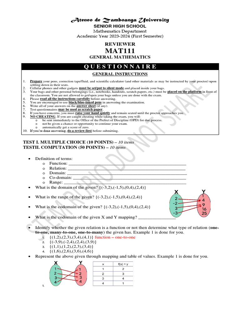 Mat111 Lq1 - Reviewer (Rubio) | PDF | Function (Mathematics) | Mathematics