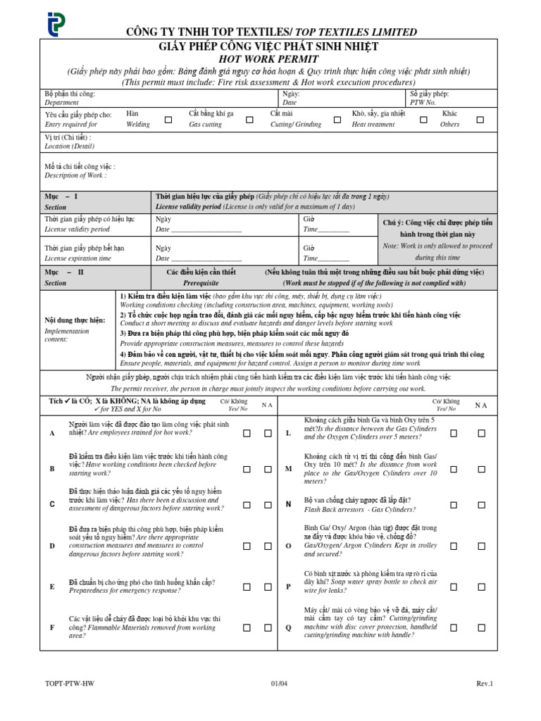 Hot Work Permit - Rev.1 | PDF