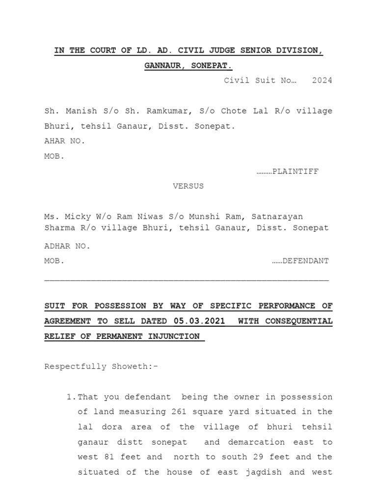Specific Performance Suit in Ganaur Court | PDF | Lawsuit | Deed