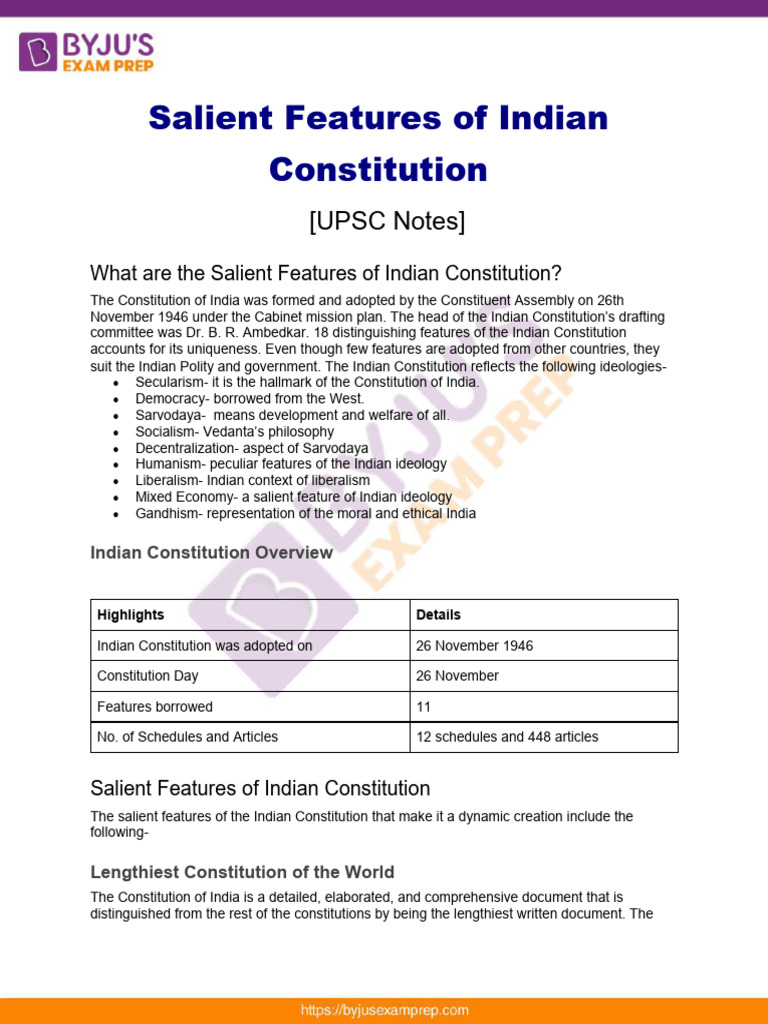 Salient Features of Indian Constitution Upsc Notes 22 (1) | PDF ...