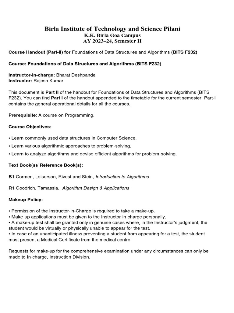 BITS F232 Data Structures Course Handout | PDF | Combinatorics | Algorithms