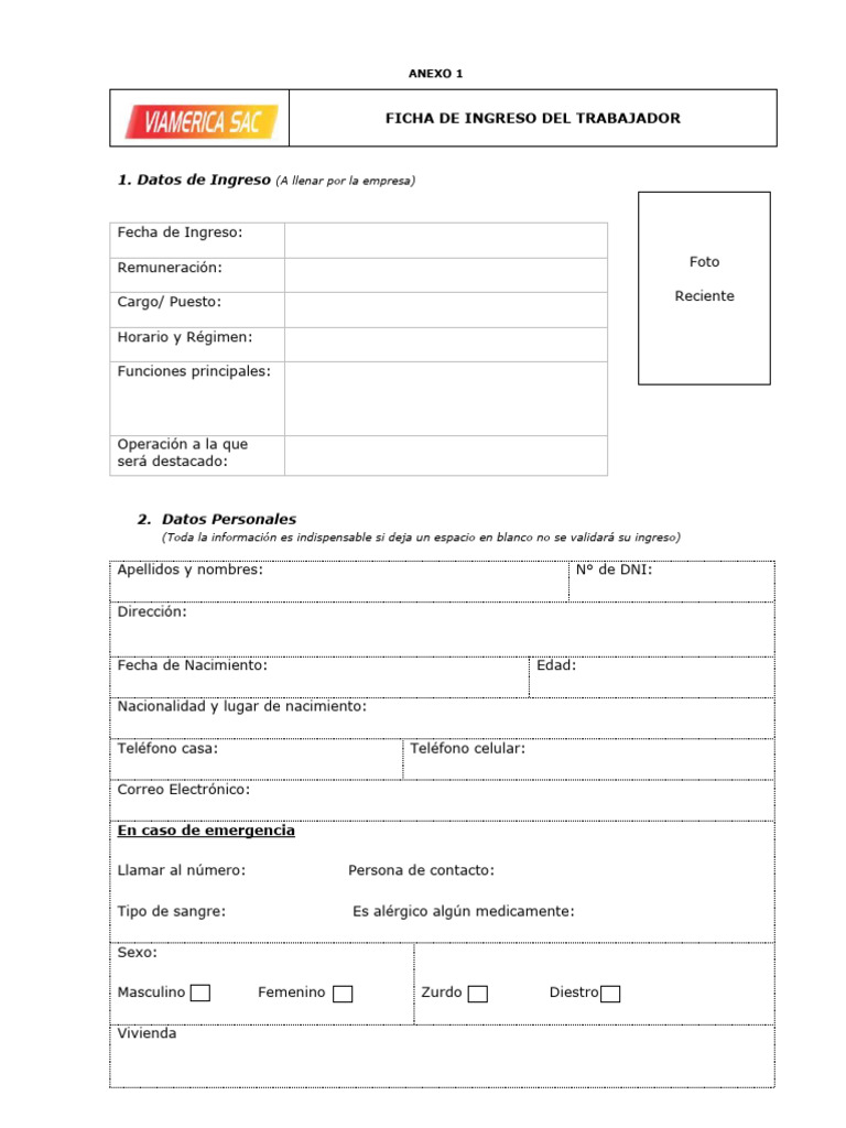 Anexo 1 - Ficha de Ingreso de Trabajador | PDF | Crecimiento personal y profesional