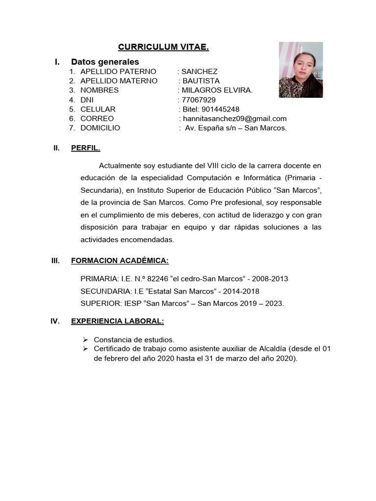 Curriculum Vitae Milagros | PDF