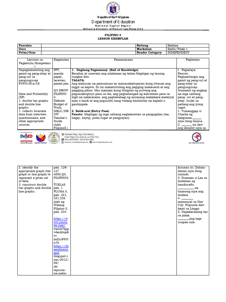 Lesson Exemplar Filipino 5 W1 Independent | PDF