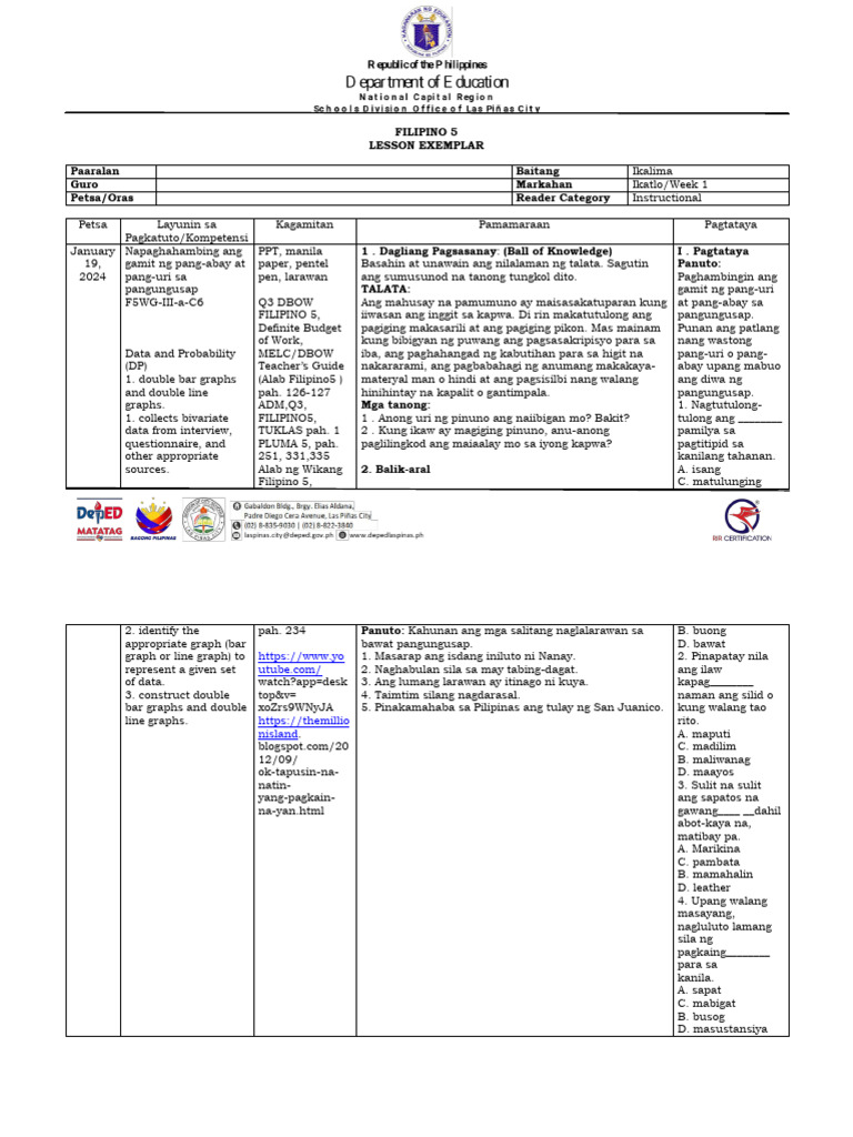 LESSON-EXEMPLAR-FILIPINO-5-W1-INSTRUCTIONAL | PDF