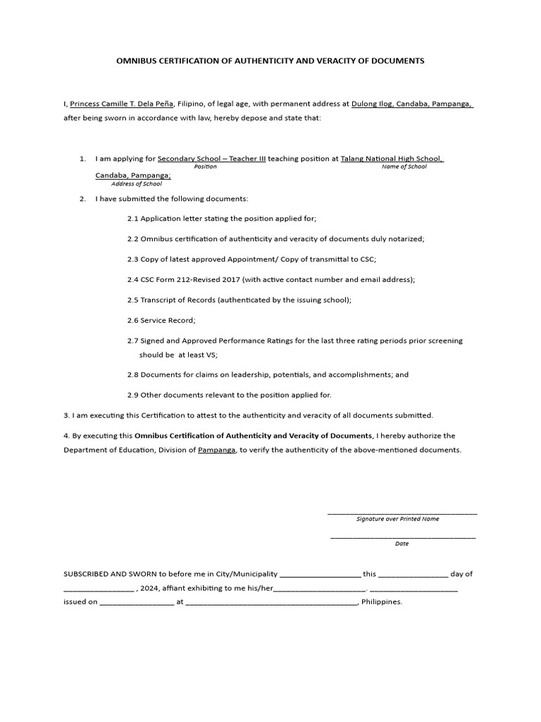 Omnibus Certification of Authenticity and Veracity of Documents | PDF