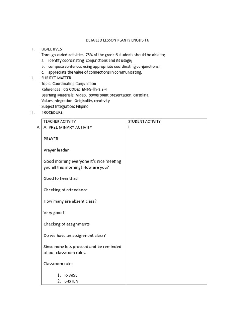 Grade 6 Lesson Plan: Coordinating Conjunctions | PDF