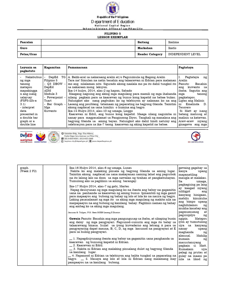 Lesson Exemplar Filipino 5 W2 Independent | PDF