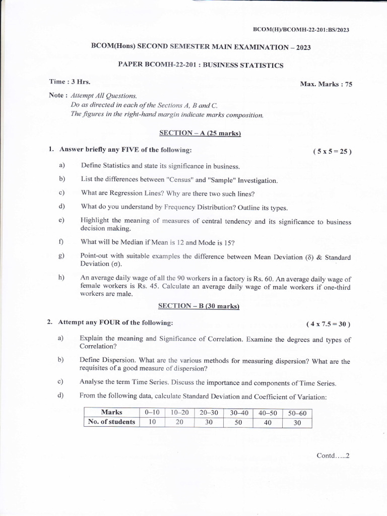 Business Statistics Exam Paper 2023 | PDF | Statistics | Mean
