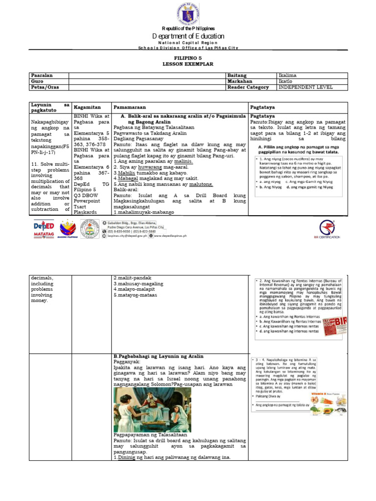LESSON-EXEMPLAR-FILIPINO-5-W6-INDEPENDENT | PDF