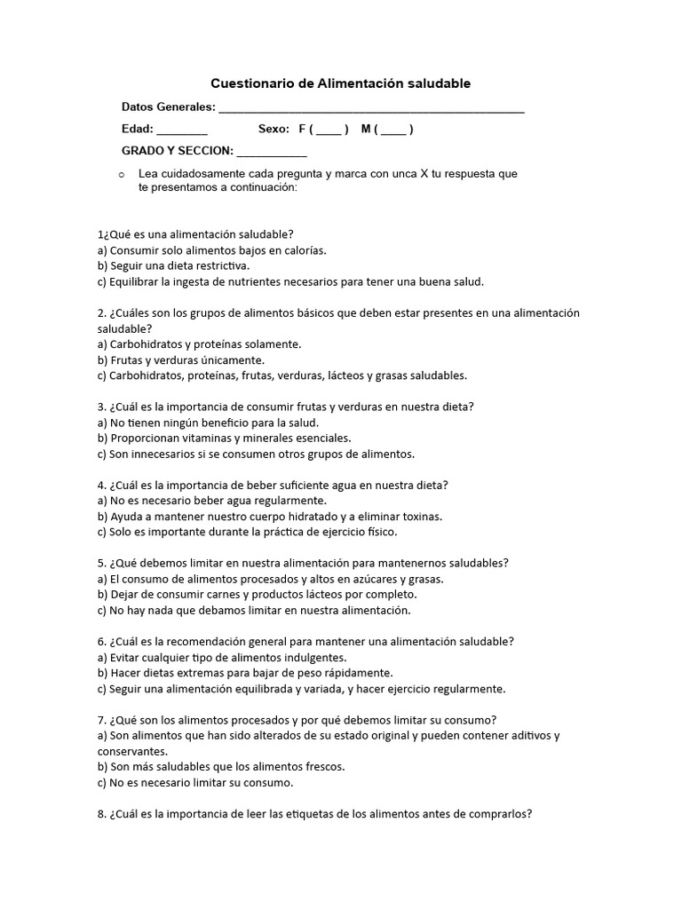 Cuestionario de Alimentación Saludable - 110614 | PDF | Alimentos | Dieta
