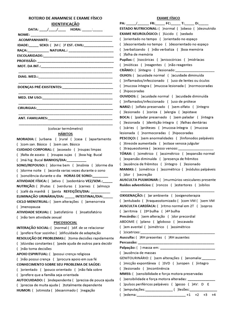 Roteiro de Anamnese e Exame Físico | PDF | Especialidades médicas | Medicina Clínica