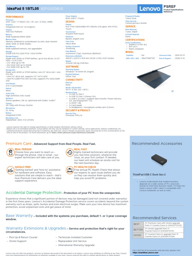 IdeaPad - 5 - 15ITL05 - 82FG00D8US LENOVO | PDF | Usb | Computer Hardware
