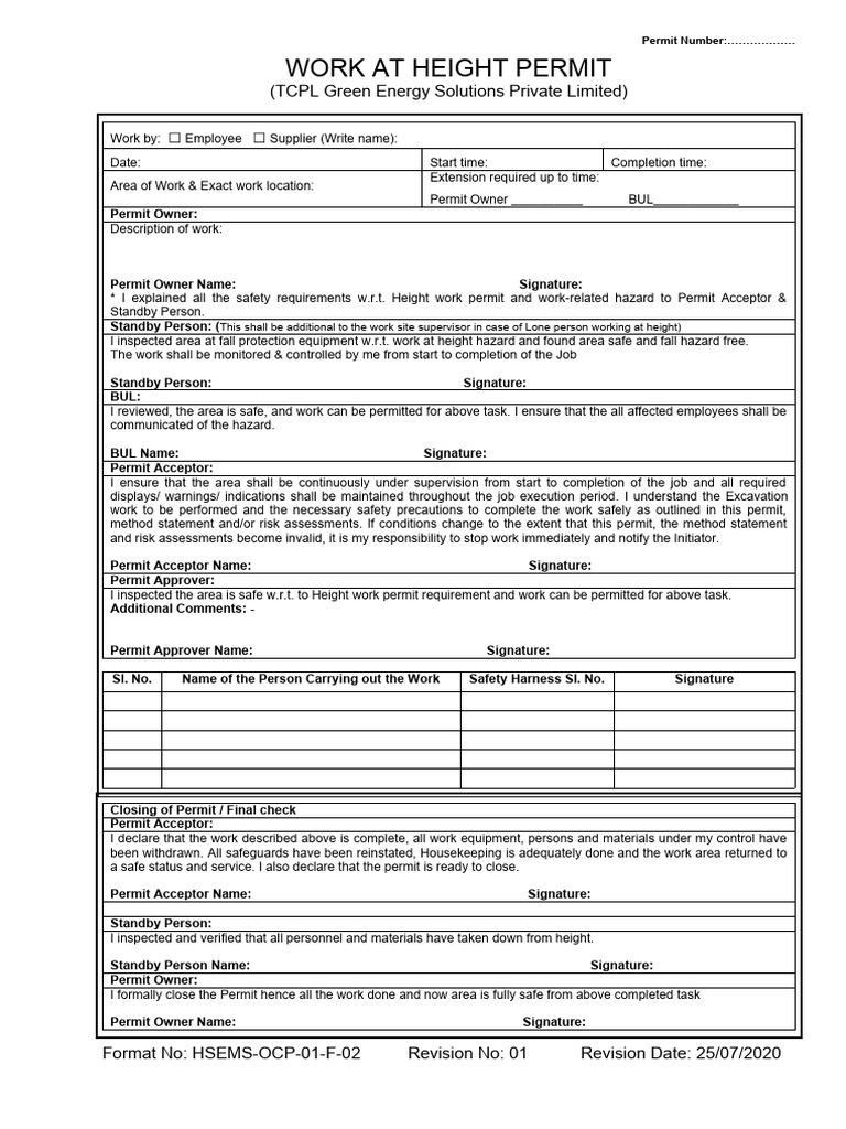 Height Work Permit - HSEMS-OCP-01-F-02 | PDF | Scaffolding | Ladder