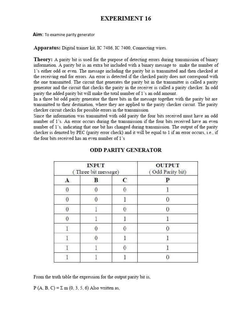 EXP 16 Parity Generator | PDF | Bit | Arithmetic