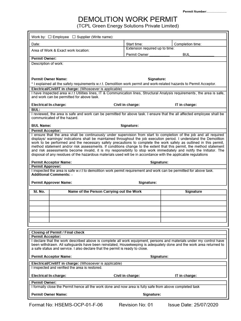 Demolition Work Permit -HSEMS-OCP-01-F-06 | PDF | Demolition | Safety