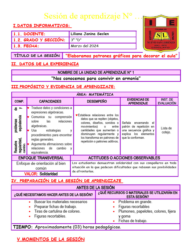01 Sesión Elaboramos Patrones Gráficos para Decorar El Aula-2024 | PDF | Aprendizaje | Cognición
