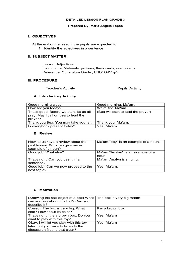 Detailed Lesson Plan in English 3 | PDF | Adjective | Noun
