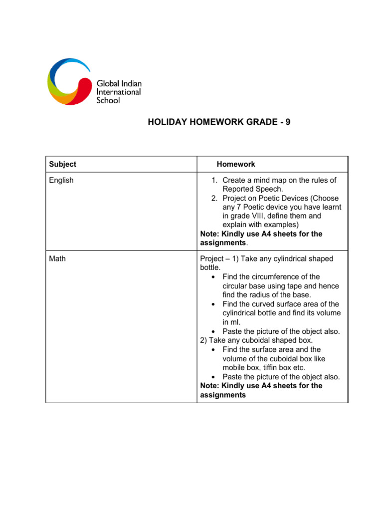 Holiday Homework | PDF