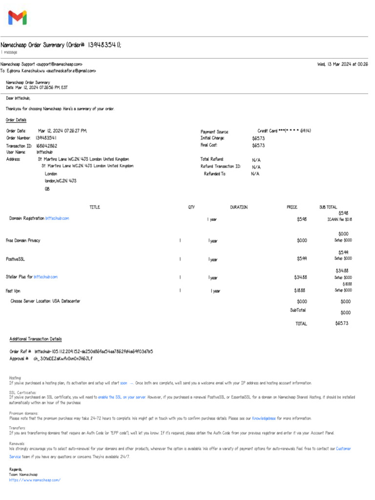 Gmail - Namecheap Order Summary (Order# 139483541) | PDF | Domain Name ...