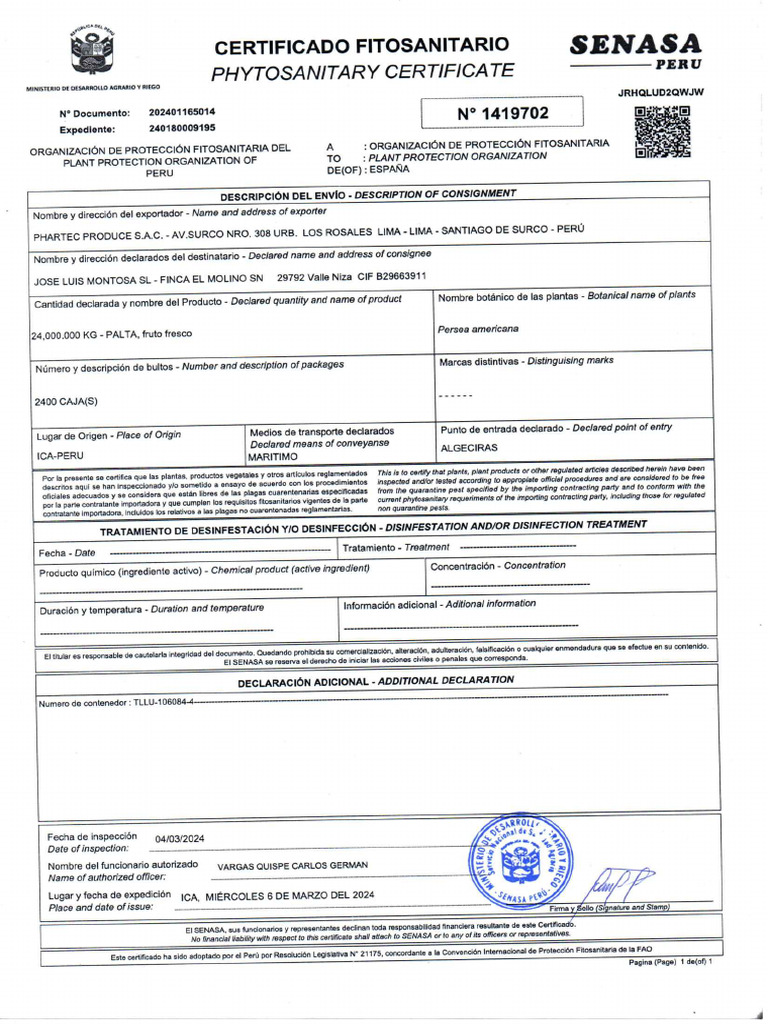 Certificado Fitosanitario Phartec 24018000919520240306 - 22021284 | PDF